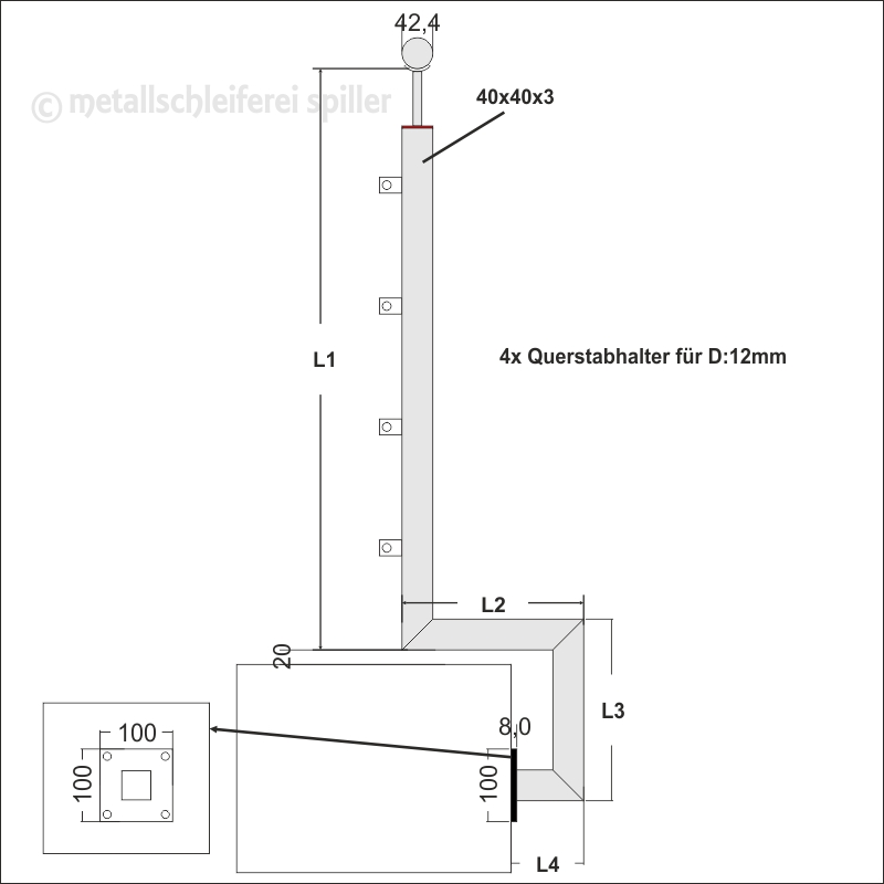 V2A Geländerpfosten 4-Kant 40x40x3mm vorgesetzt vi